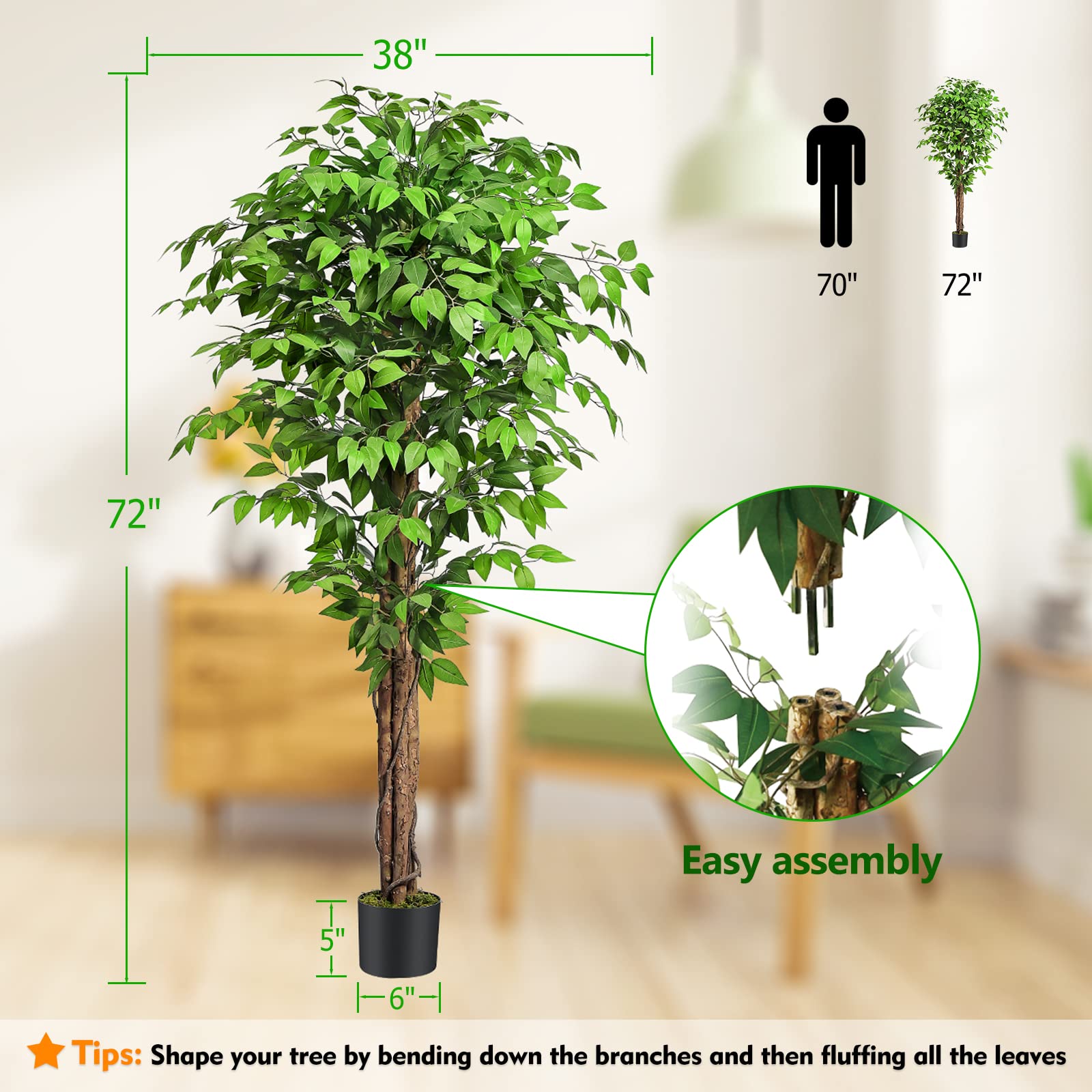 Keeplush 6.2ft. Ficus Artificial Trees with 3 Natural Curved Trunks, 74" Tall Lush Faux Tree for Home Decor Indoor, Green Lifelike Fake Ficus Tree Artificial Plants