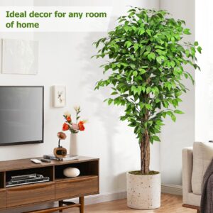 Keeplush 6.2ft. Ficus Artificial Trees with 3 Natural Curved Trunks, 74" Tall Lush Faux Tree for Home Decor Indoor, Green Lifelike Fake Ficus Tree Artificial Plants