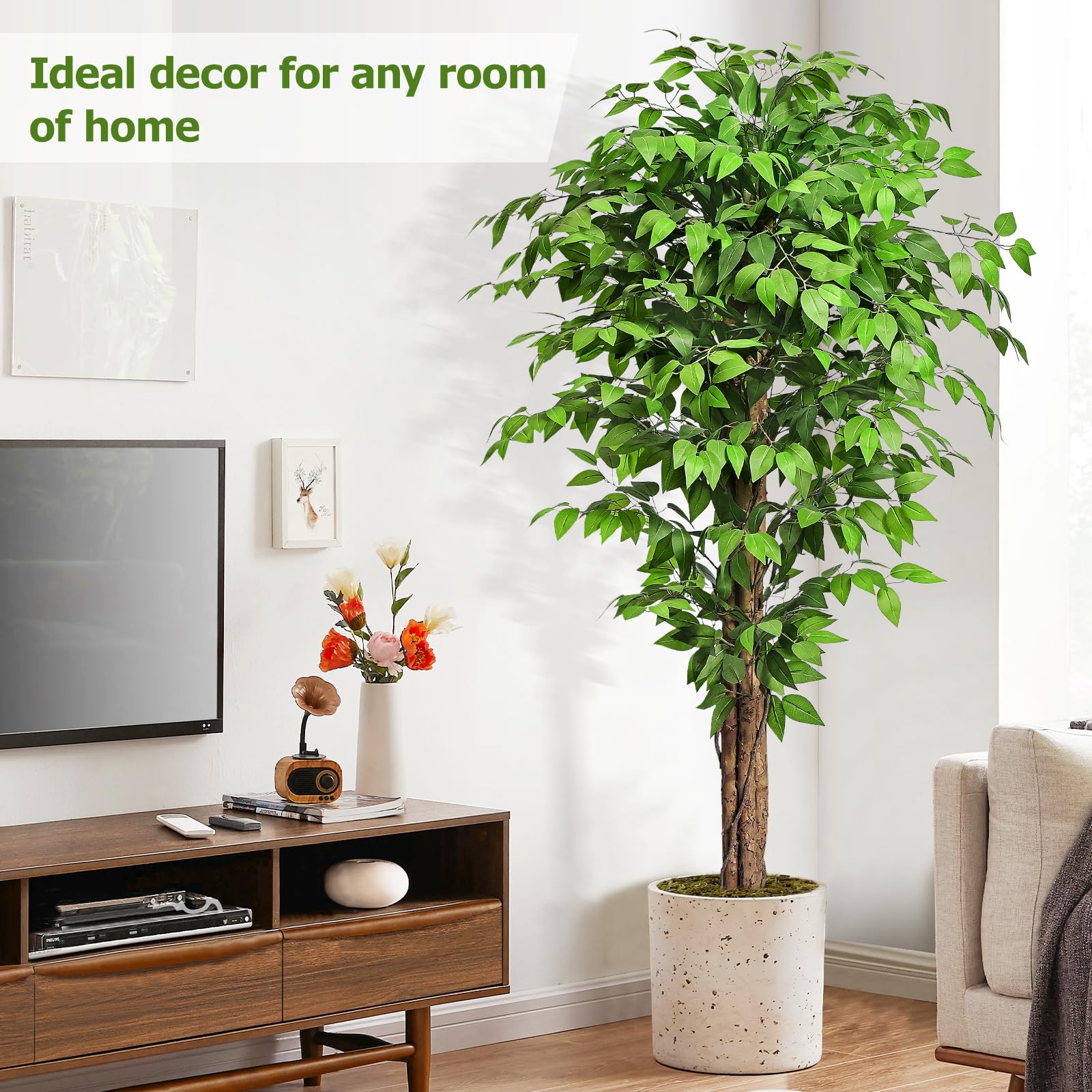 Keeplush 6.2ft. Ficus Artificial Trees with 3 Natural Curved Trunks, 74" Tall Lush Faux Tree for Home Decor Indoor, Green Lifelike Fake Ficus Tree Artificial Plants