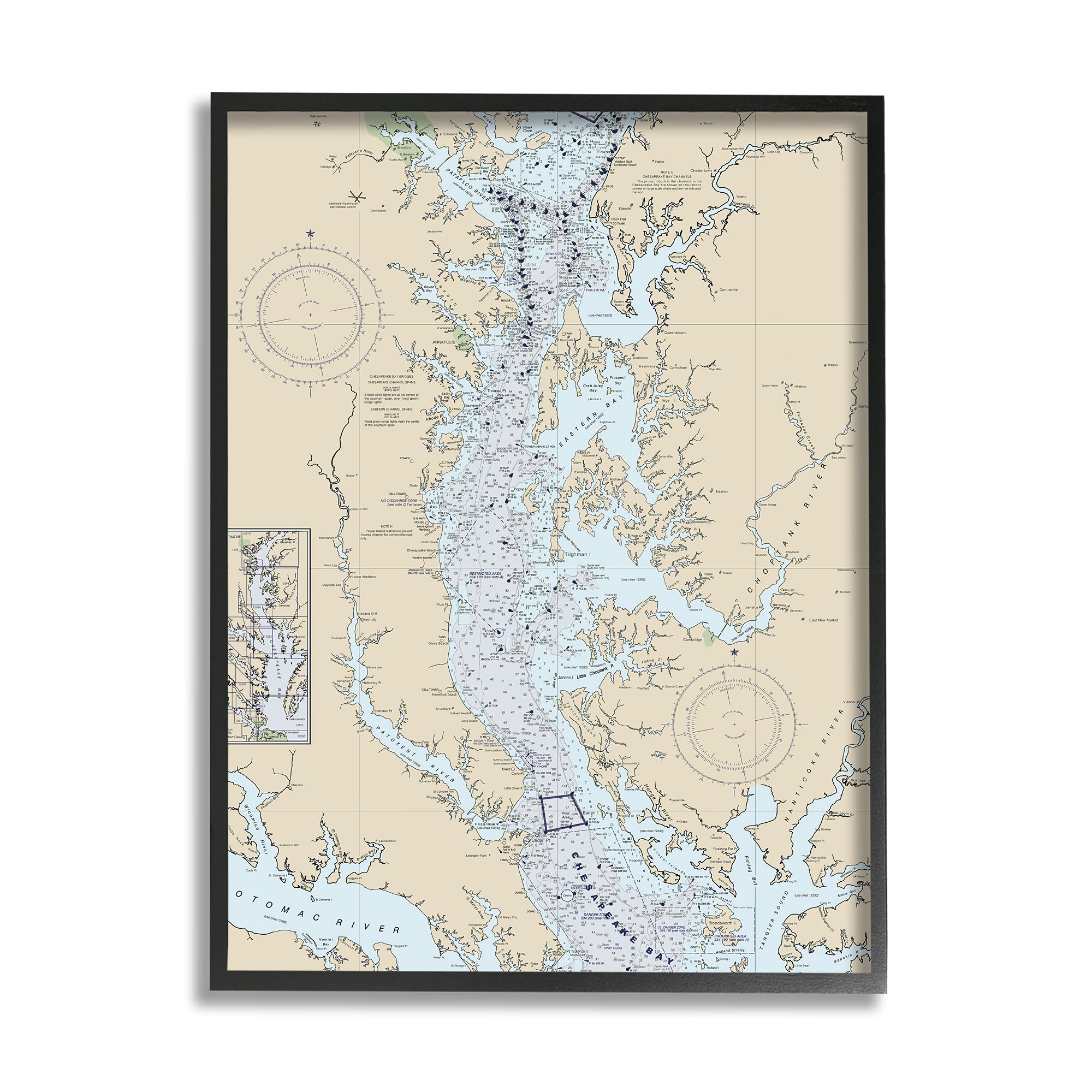 Stupell Industries Potomac River Chesapeake Bay Coastal Map Beige, Designed by Daphne Polselli Black Framed Wall Art, 16 x 20, Tan