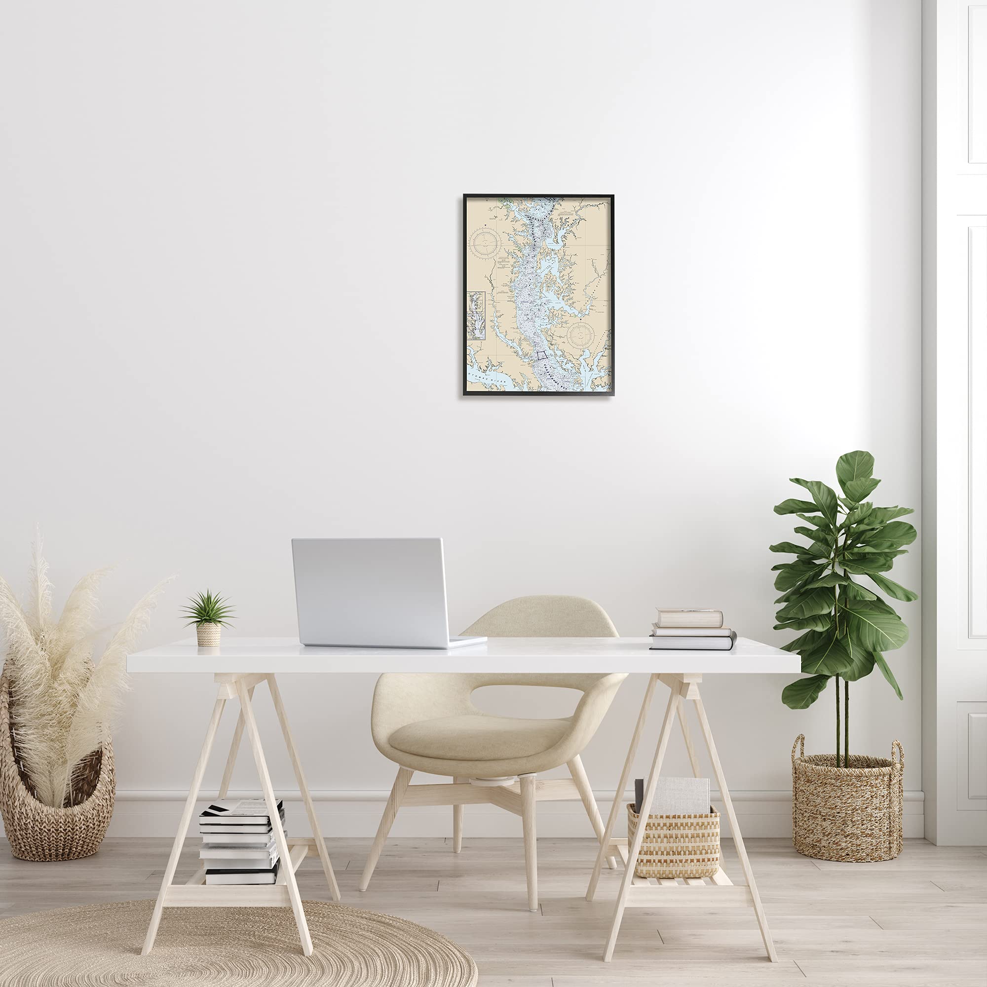 Stupell Industries Potomac River Chesapeake Bay Coastal Map Beige, Designed by Daphne Polselli Black Framed Wall Art, 16 x 20, Tan