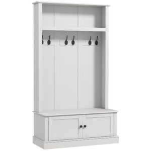 homcom freestanding hall tree, entryway bench with coat rack, shoe cabinet and top shelf, mudroom bench with storage and hooks for hallway, white