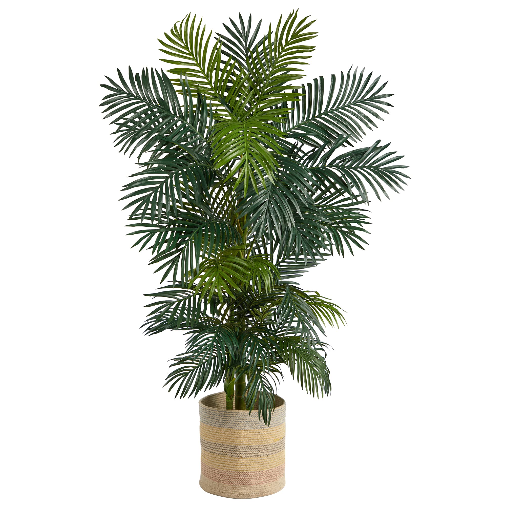 Nearly Natural 6.5ft. Golden Cane Artificial Palm Tree in Handmade Natural Cotton Multicolored Woven Planter