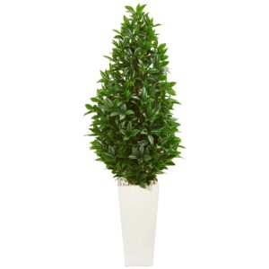 nearly natural 63-in. bay leaf cone topiary artificial white planter uv resistant (indoor/outdoor) silk trees, green