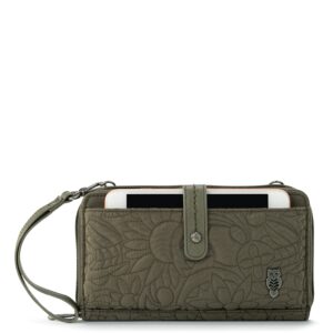 sakroots artist circle smartphone crossbody in eco twill, detachable wristlet strap, quilted olive spirit desert