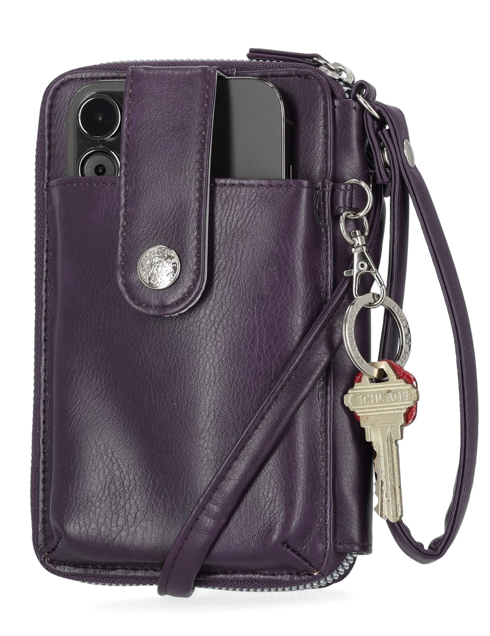 Mundi Jacqui RFID Blocking Crossbody Wallet Bag for Women, Compact Travel-Size Cell Phone Holder Purse - Vegan Leather, Purple