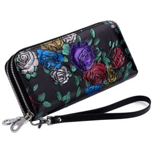 gentfox women's wallet rfid blocking leather double zipper cellphone wallet long purse with removable wrist strap (colored rose)