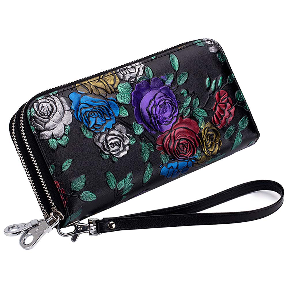 GENTFOX Women's Wallet RFID Blocking Leather Double Zipper Cellphone Wallet Long Purse with Removable Wrist Strap (Colored Rose)