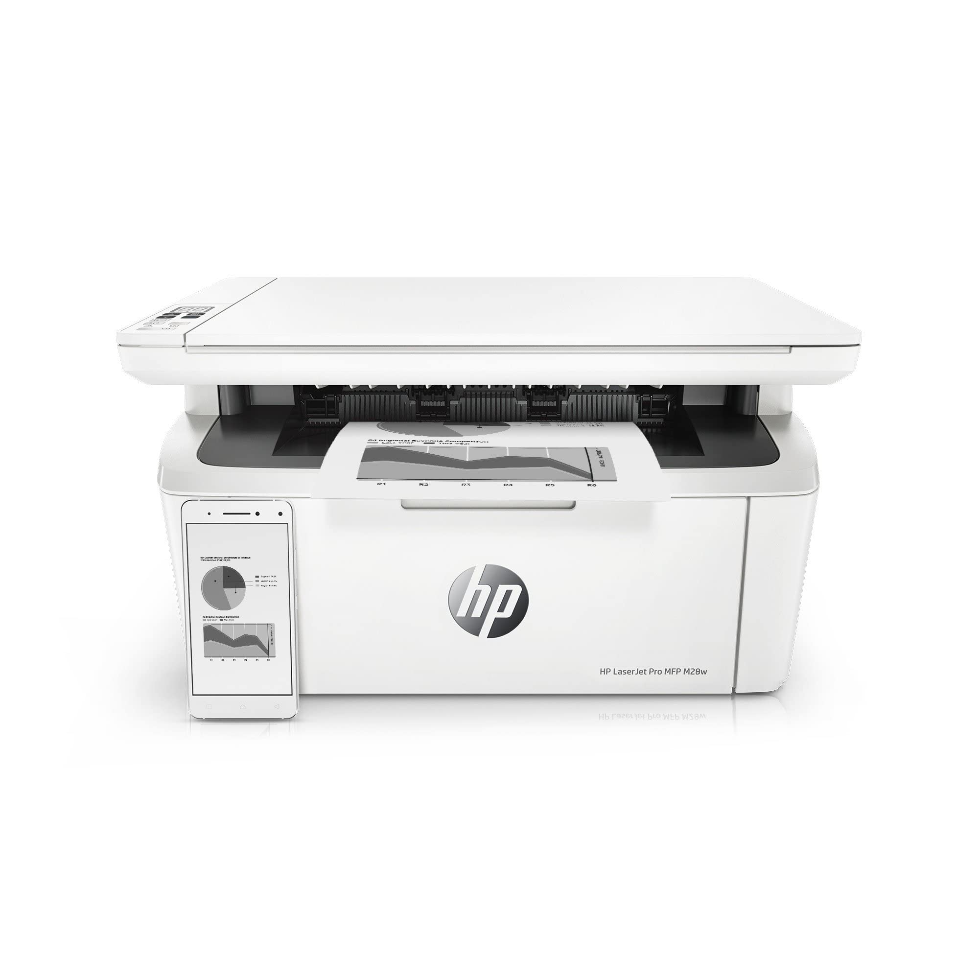 HP LaserJet Pro M28W Wireless All-in-One Monochrome Laser Printer, Ethernet, print speeds up to 18/19 ppm, Print Scan Copy, Auto-On/Auto-Off, White