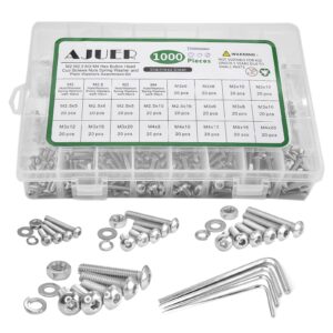 ajuer 1000pcs iso7380 m2/m2.5/m3/m4 button head socket cap screws, bolts nuts washers assortment kit, 304 stainless steel metric screw set, small bolts and nuts kit,