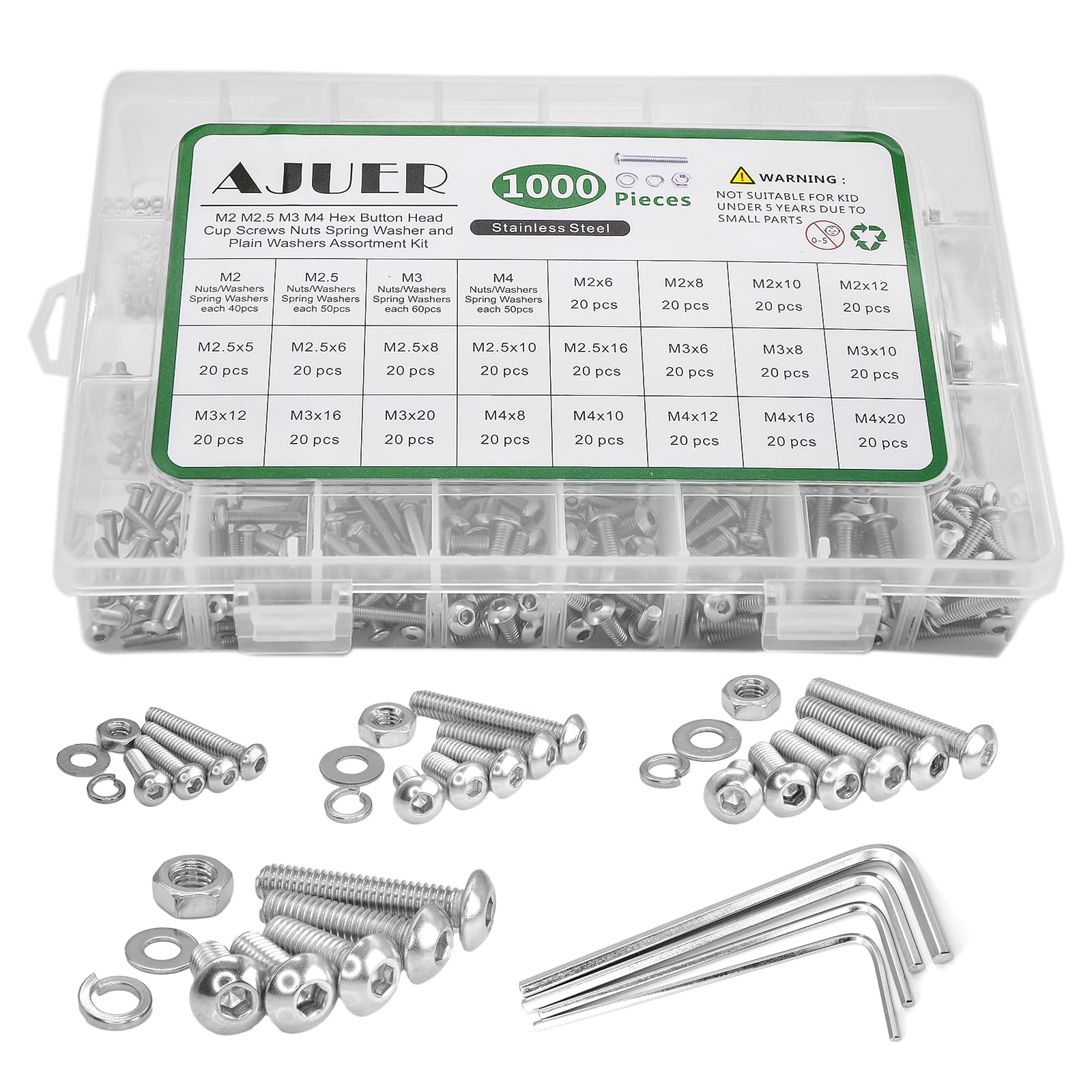 AJUER 1000pcs ISO7380 M2/M2.5/M3/M4 Button Head Socket Cap Screws, Bolts Nuts Washers Assortment Kit, 304 Stainless Steel Metric Screw Set, Small Bolts and Nuts Kit,