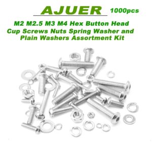 AJUER 1000pcs ISO7380 M2/M2.5/M3/M4 Button Head Socket Cap Screws, Bolts Nuts Washers Assortment Kit, 304 Stainless Steel Metric Screw Set, Small Bolts and Nuts Kit,