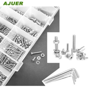 AJUER 1000pcs ISO7380 M2/M2.5/M3/M4 Button Head Socket Cap Screws, Bolts Nuts Washers Assortment Kit, 304 Stainless Steel Metric Screw Set, Small Bolts and Nuts Kit,