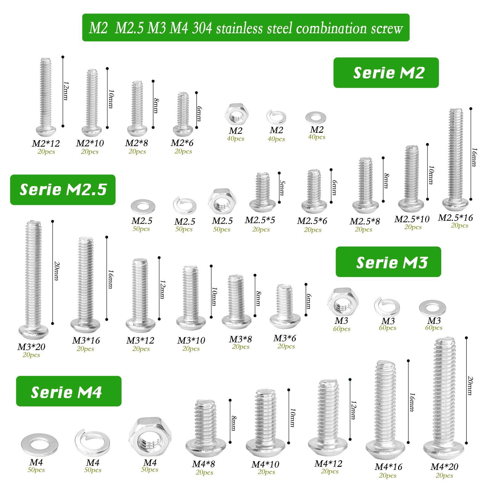 AJUER 1000pcs ISO7380 M2/M2.5/M3/M4 Button Head Socket Cap Screws, Bolts Nuts Washers Assortment Kit, 304 Stainless Steel Metric Screw Set, Small Bolts and Nuts Kit,