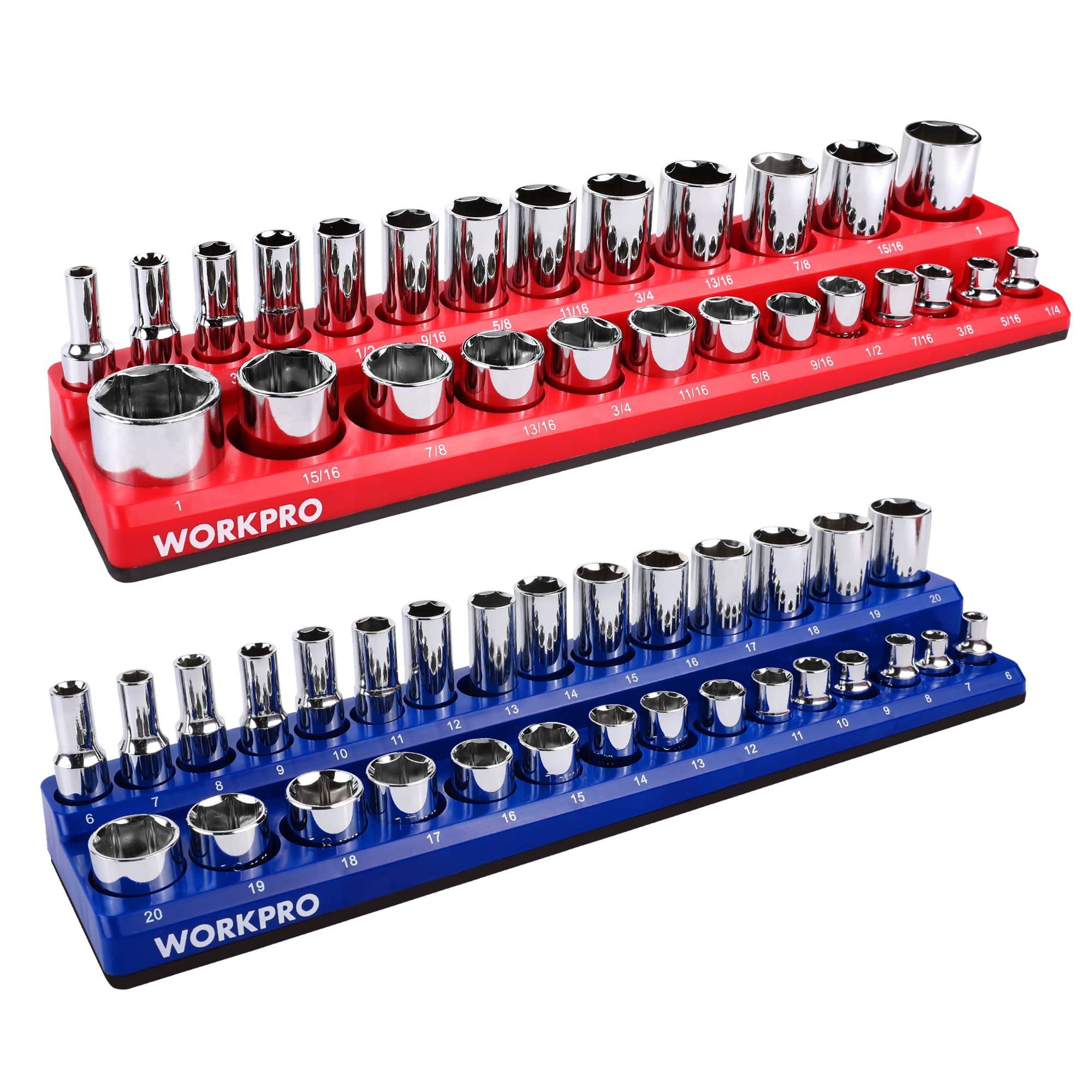 WORKPRO 3/8-inch Magnetic Socket Organizer Set, 2-Piece SAE & Metric Socket Holders, Holds 56 Standard and Deep Sockets for Tool Box, Tool Carts (Sockets Not Included)