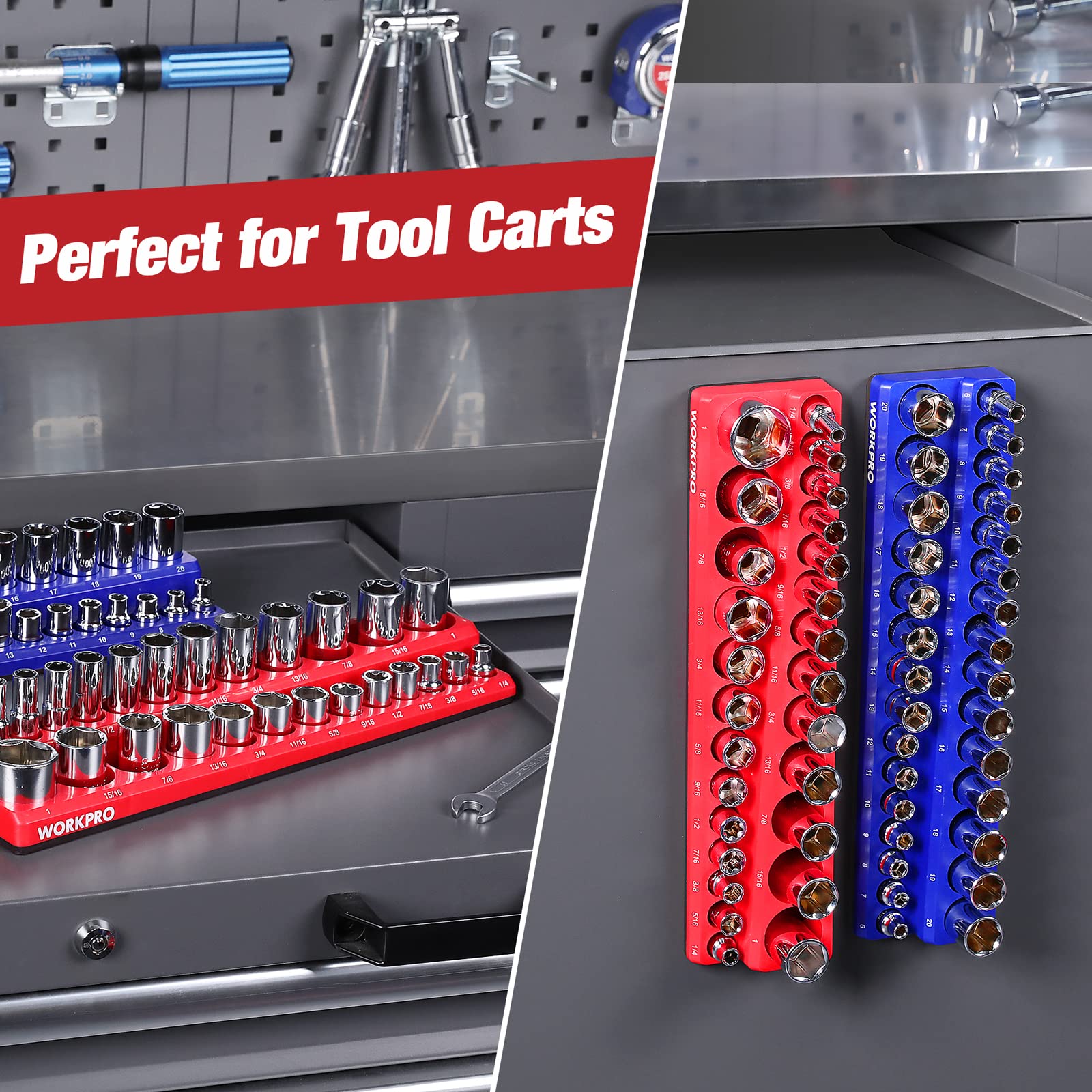 WORKPRO 3/8-inch Magnetic Socket Organizer Set, 2-Piece SAE & Metric Socket Holders, Holds 56 Standard and Deep Sockets for Tool Box, Tool Carts (Sockets Not Included)