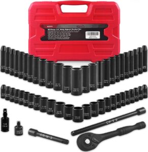 eaceliy 55pcs 1/4" impact socket sets,sae/metric, deep/shallow, 6 point，cr-v steel，(5/32"-9/16", 4-15mm) sockets with 72 tooth ratchet，extension bar，universal joint and socket adapter