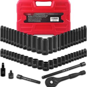 EACELIY 55pcs 1/4" Impact Socket Sets,SAE/Metric, Deep/Shallow, 6 Point，Cr-V Steel，(5/32"-9/16", 4-15mm) Sockets with 72 Tooth Ratchet，Extension bar，Universal Joint and Socket Adapter