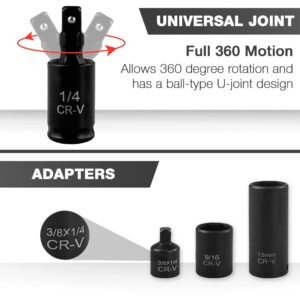 EACELIY 55pcs 1/4" Impact Socket Sets,SAE/Metric, Deep/Shallow, 6 Point，Cr-V Steel，(5/32"-9/16", 4-15mm) Sockets with 72 Tooth Ratchet，Extension bar，Universal Joint and Socket Adapter