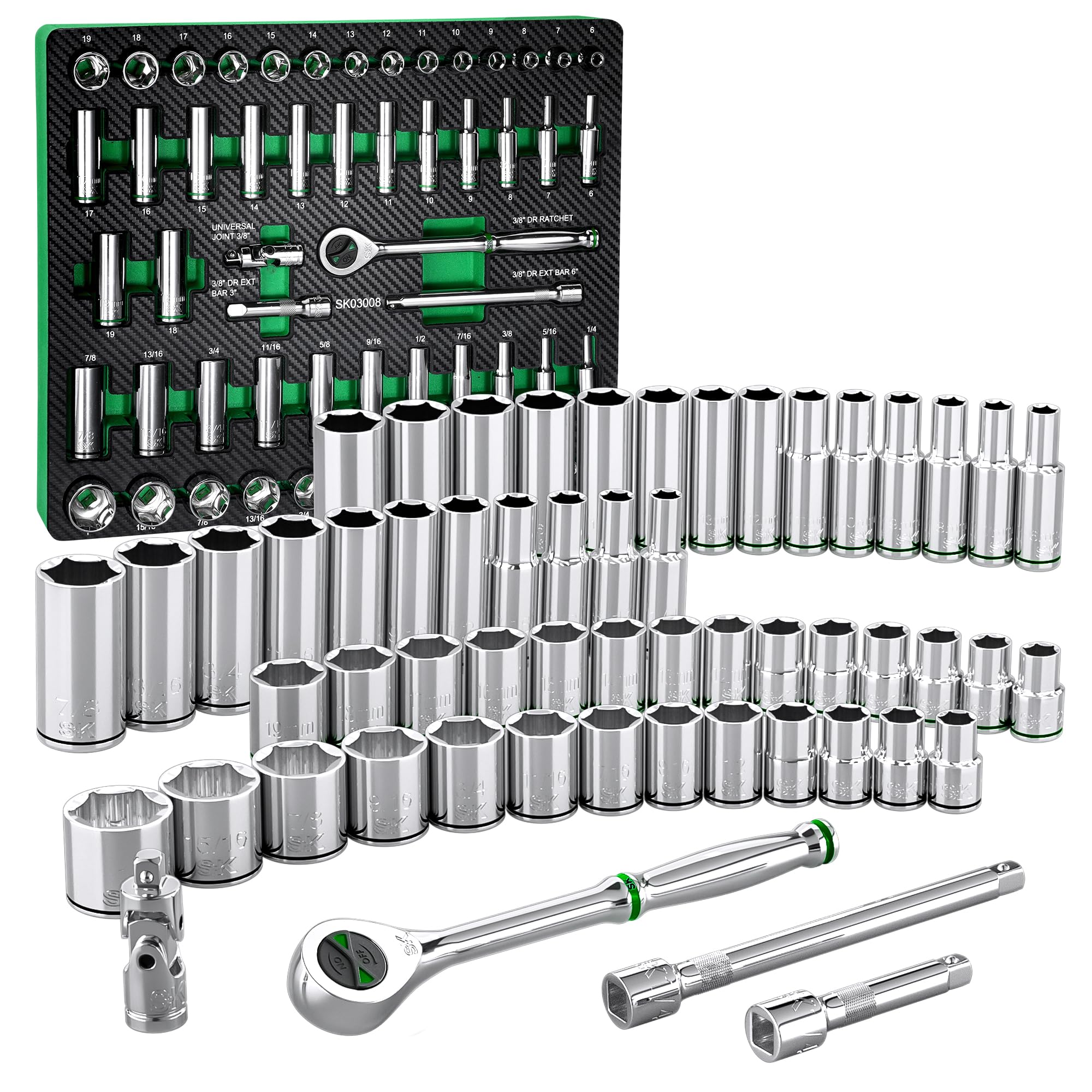 SK 3/8" Drive Socket Set with 160-P Ratchet, 56-Piece, SAE & Metric, SuperKrome Finish, Preminum CR-V Construction, with EVA Foam Tool Organizer