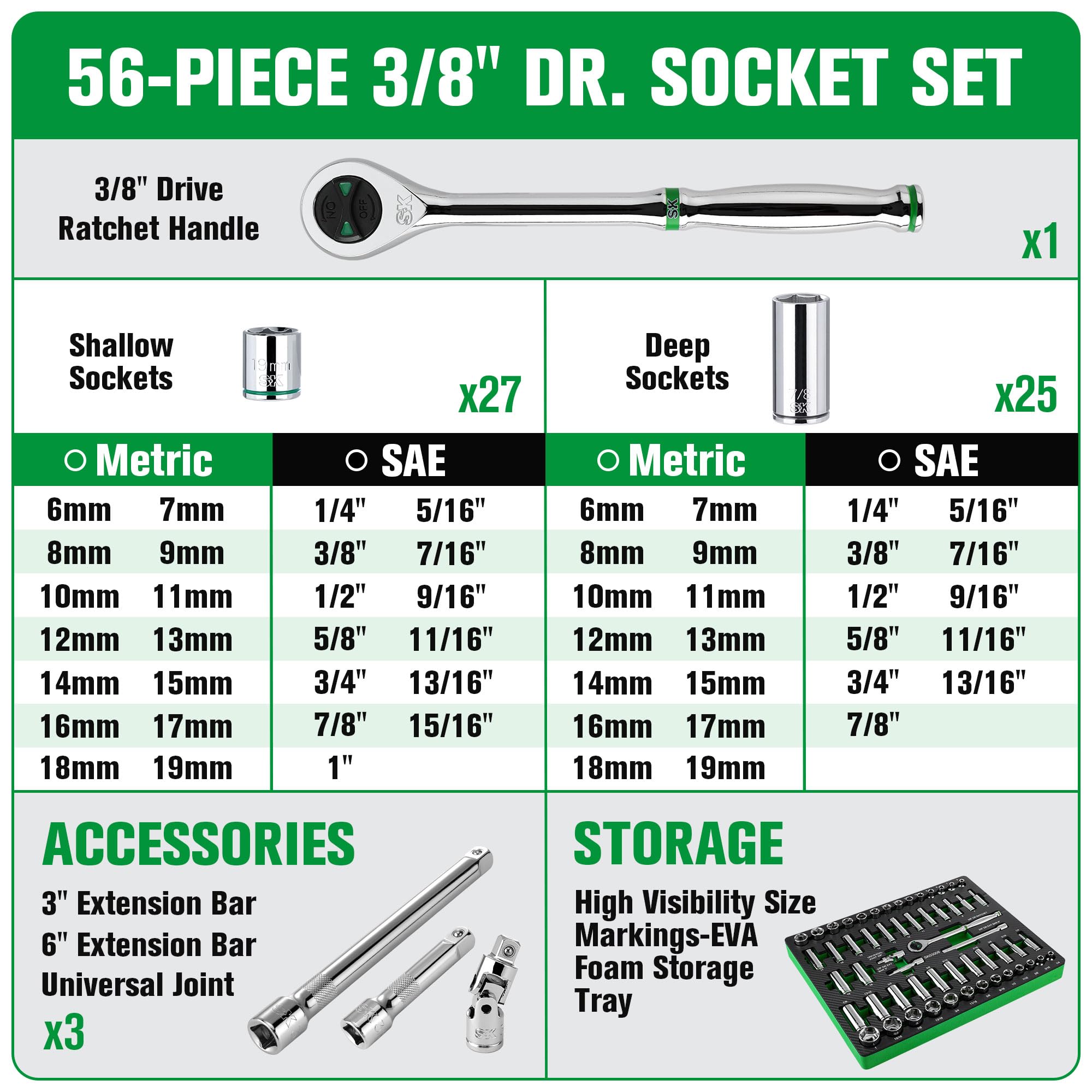 SK 3/8" Drive Socket Set with 160-P Ratchet, 56-Piece, SAE & Metric, SuperKrome Finish, Preminum CR-V Construction, with EVA Foam Tool Organizer