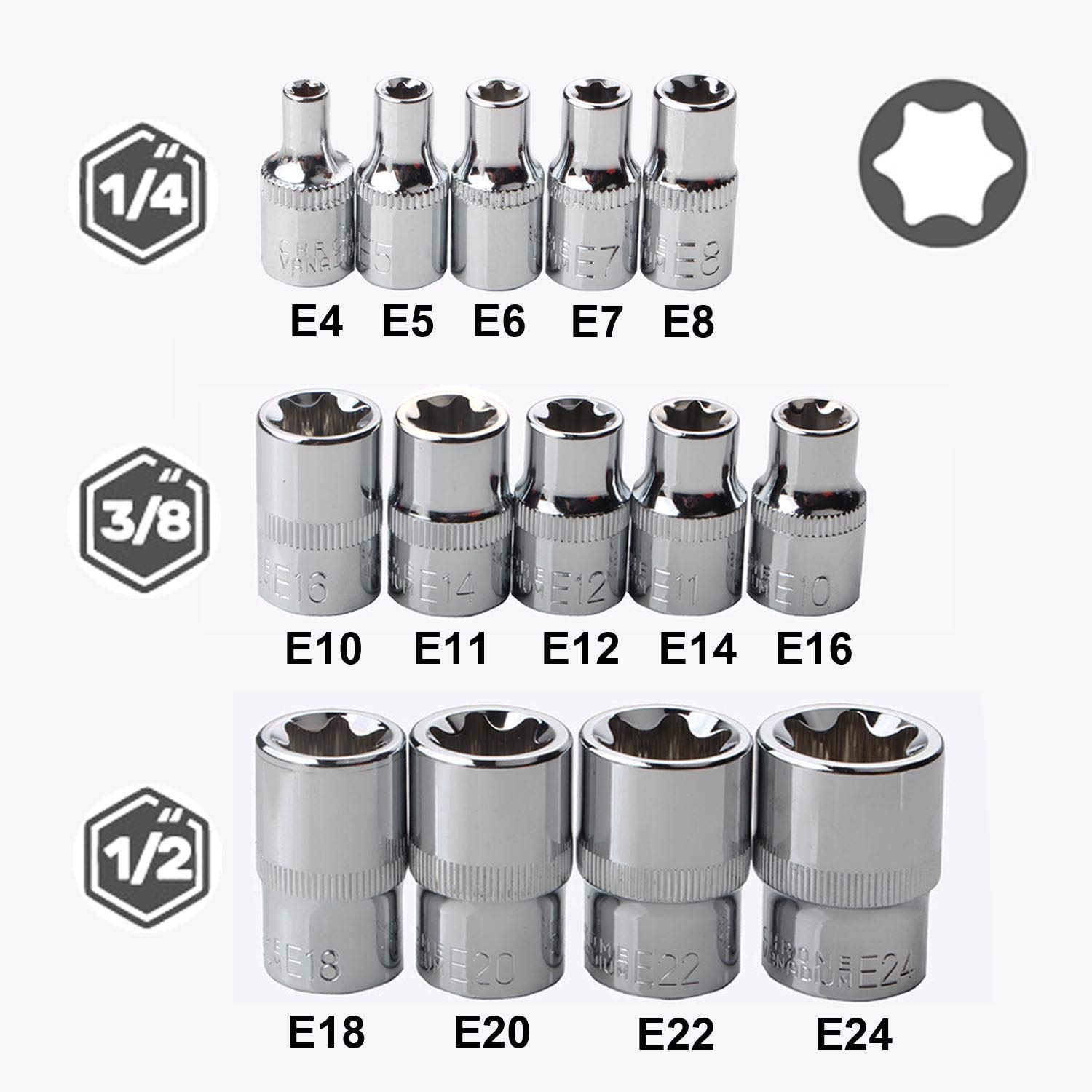 Female E Torx Socket Set 3/8 1/2 1/4 Drive E4 - E24 External Torque Star Socket Kit 14pcs