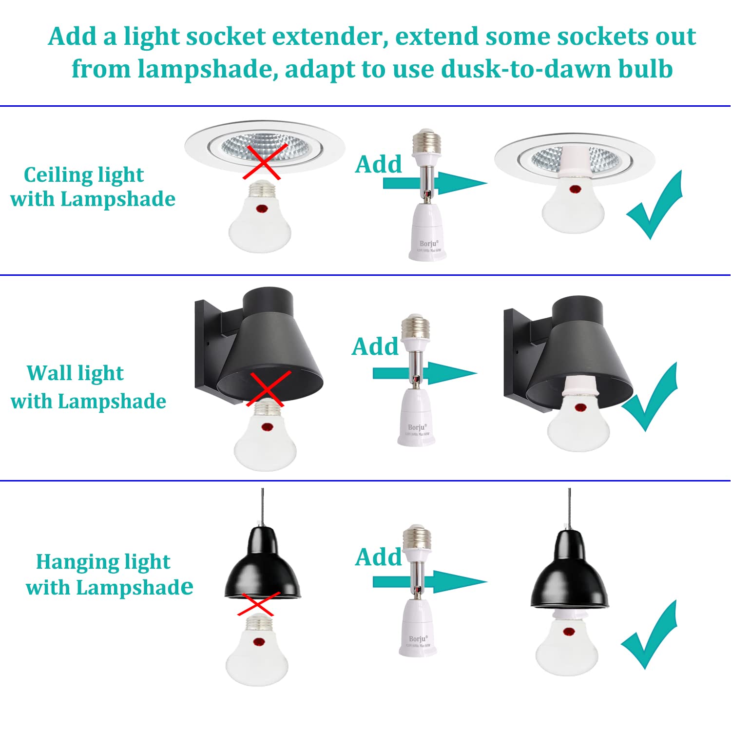 Borju Light Socket Extender [2-Pack], 4.5 Inch Light Socket Extension, 360° Adjustable Light Socket, White