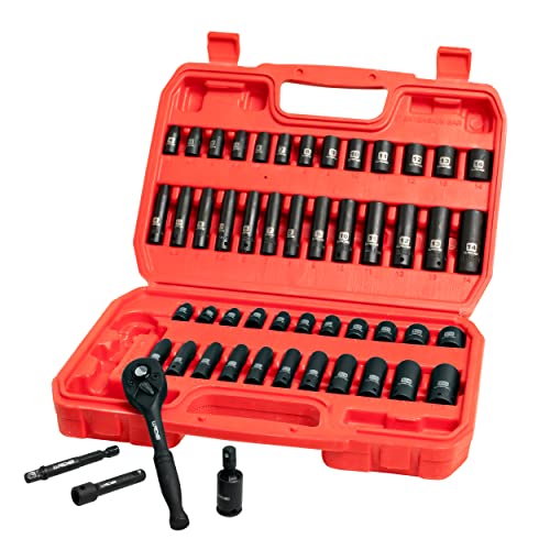 LLNDEI 1/4”Drive Impact Socket Set, 52 PCS Mechanic Tool Set with 72-Tooth Ratchet & Adapter, CR-V, Metric and SAE Sockets Storage Kit for Household Automotive Repair DIY Project