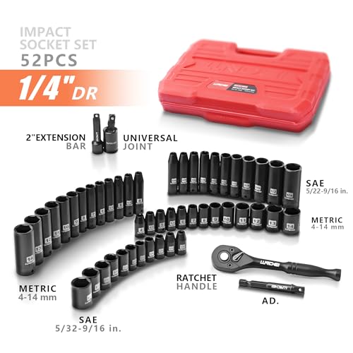 LLNDEI 1/4”Drive Impact Socket Set, 52 PCS Mechanic Tool Set with 72-Tooth Ratchet & Adapter, CR-V, Metric and SAE Sockets Storage Kit for Household Automotive Repair DIY Project