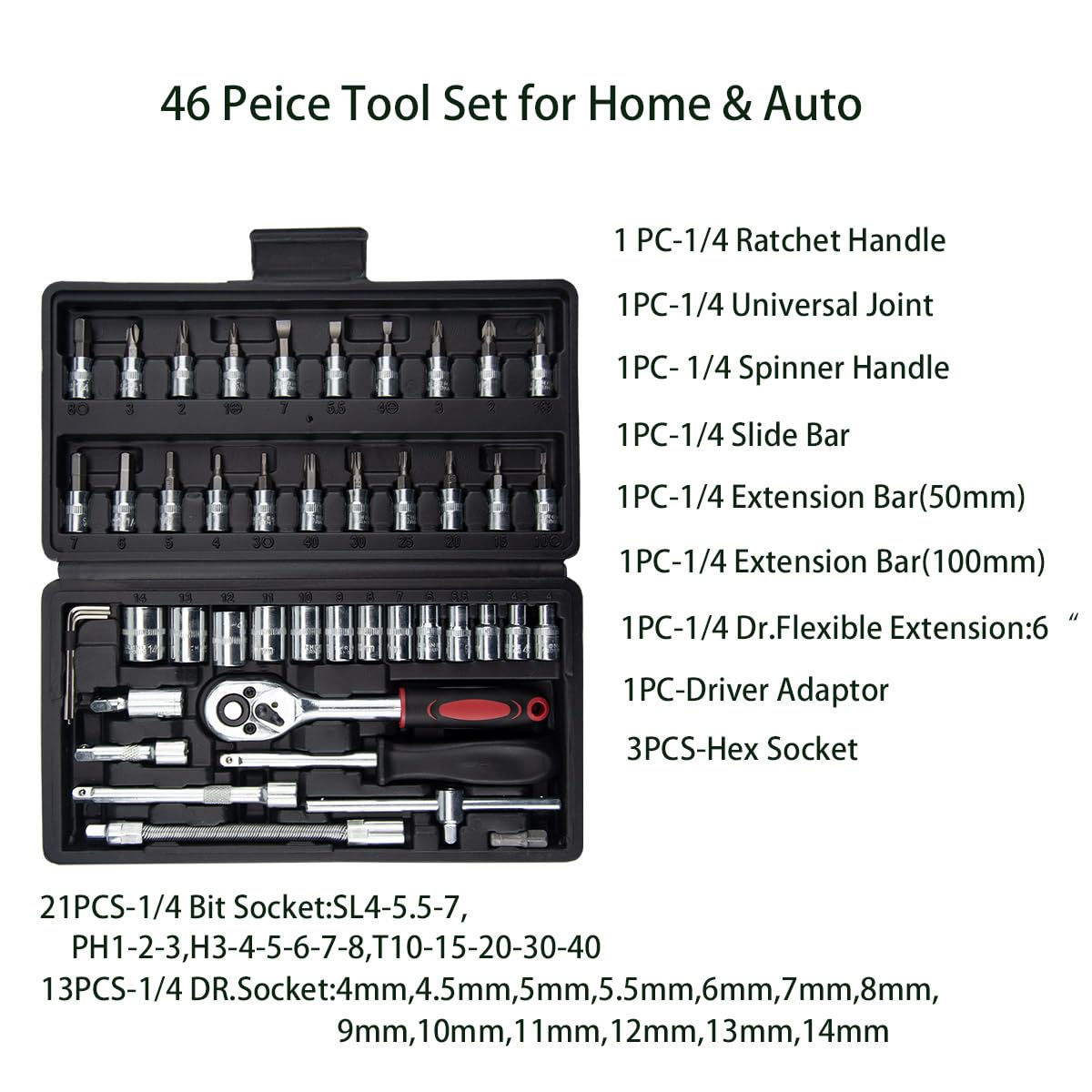 YZMLOL Ratchet Wrench Set and Drive Socket Set，46 Pieces 1/4 inch Drive Socket Ratchet Wrench Set,Includes Metric Bit Socket Set and Extension Bar for Auto/Motorcycle Repairing and Household.