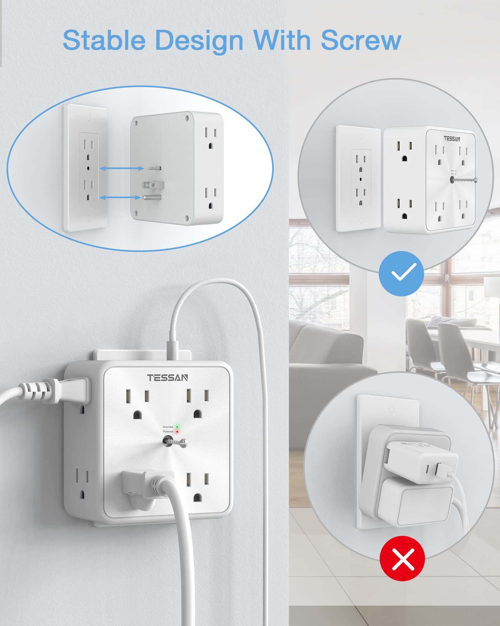 Surge Protector 8 Outlet Extender, TESSAN Multi Outlet Splitter with 3 USB Wall Charger (1 USB C Port), 3-Sided Multiple Plug Power Strip 1700J, USB Charging Station for Home Office Dorm Room