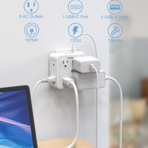 Surge Protector 8 Outlet Extender, TESSAN Multi Outlet Splitter with 3 USB Wall Charger (1 USB C Port), 3-Sided Multiple Plug Power Strip 1700J, USB Charging Station for Home Office Dorm Room