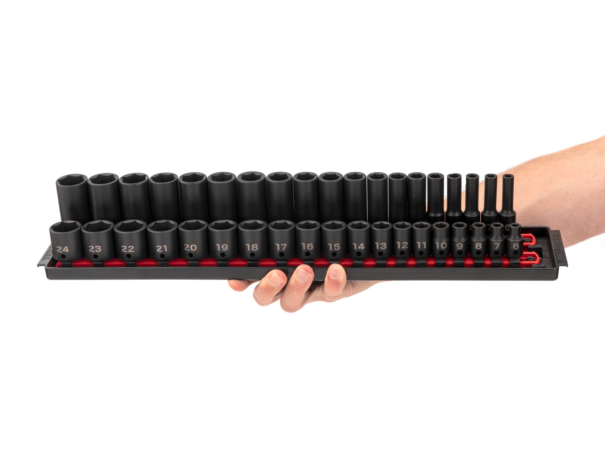 TEKTON 3/8 Inch Drive 6-Point Impact Socket Set with Rails, 38-Piece (6-24 mm) | SID91211