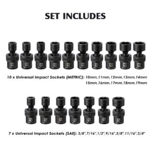 MIXPOWER 3/8'' Drive Master Impact Socket Set, 87-Piece Deep & Standard SAE and Metric,CR-MO, 1/4-Inch to 3/4-Inch and 6-19 mm, Impact Universal Sockets, Inverted Star Sockets, Extension Bar & Adapter