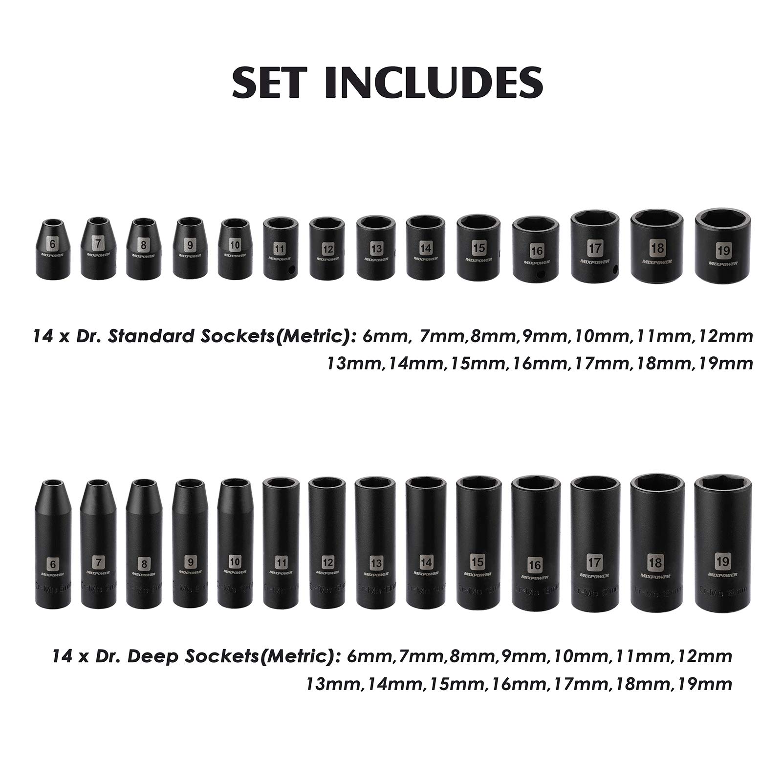 MIXPOWER 3/8'' Drive Master Impact Socket Set, 87-Piece Deep & Standard SAE and Metric,CR-MO, 1/4-Inch to 3/4-Inch and 6-19 mm, Impact Universal Sockets, Inverted Star Sockets, Extension Bar & Adapter