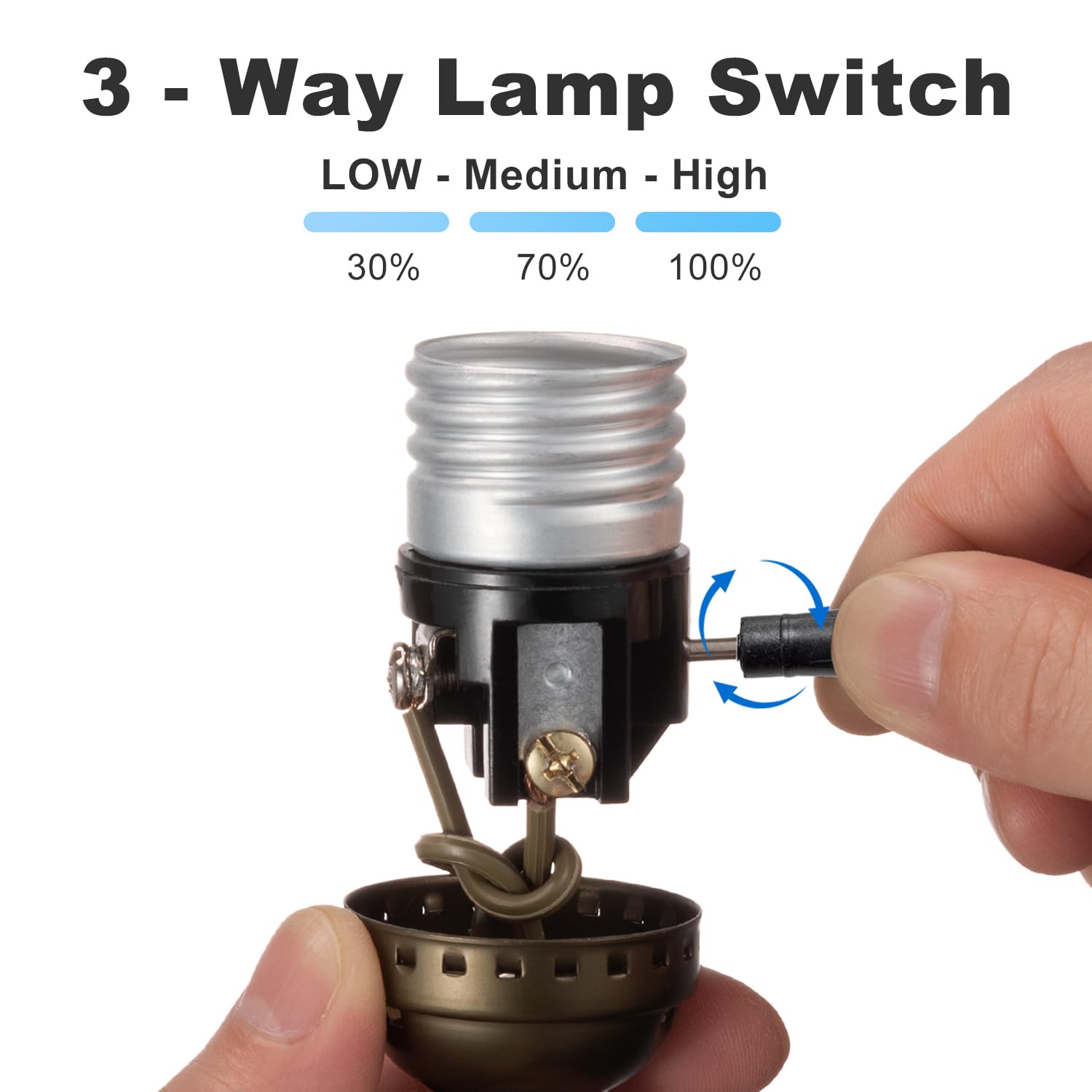 3 Way Lamp Socket Replacement, E26 Threaded Base, Turn Knob for Low-Medium-High Light Settings, Lamp Parts for Table and Floor Lamps Repair, Light Socket with Lamp Switch Kit (Antique Brass)