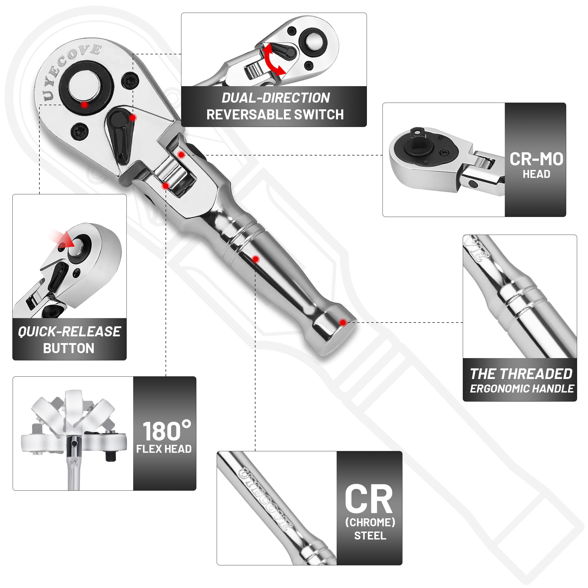 UYECOVE 1/4 Inch Drive Stubby Ratchet, Flex Head Ratchet 1/4 Ratchet Ratchet Wrench, 72 Tooth Quick Release Small Swivel Head Ratchet Cr-Mo Socket Wrench Flexible Ratchet Handle -4"/100mm