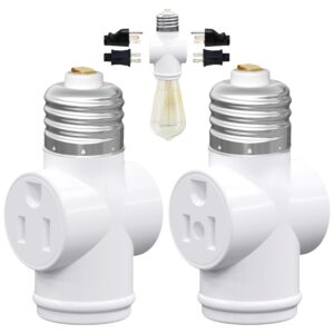 2 pack, light socket to plug adapter, convert e26 light socket to 3-prong outlet adapter and light bulb socket (white)