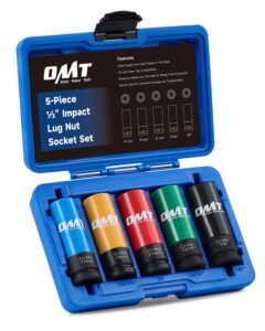 orion motor tech 1/2" drive lug nut socket set, metric 17 19 21 mm & sae 13/16 7/8 in. wheel socket set, 5pc impact lug nut socket set, thin wall lug nut socket set with colored protective covers