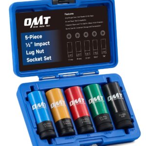 Orion Motor Tech 1/2" Drive Lug Nut Socket Set, Metric 17 19 21 mm & SAE 13/16 7/8 in. Wheel Socket Set, 5pc Impact Lug Nut Socket Set, Thin Wall Lug Nut Socket Set with Colored Protective Covers