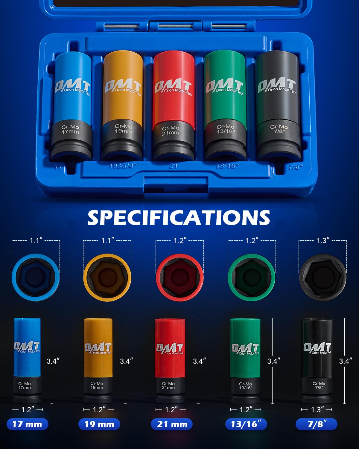 Orion Motor Tech 1/2" Drive Lug Nut Socket Set, Metric 17 19 21 mm & SAE 13/16 7/8 in. Wheel Socket Set, 5pc Impact Lug Nut Socket Set, Thin Wall Lug Nut Socket Set with Colored Protective Covers