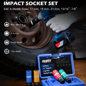 Orion Motor Tech 1/2" Drive Lug Nut Socket Set, Metric 17 19 21 mm & SAE 13/16 7/8 in. Wheel Socket Set, 5pc Impact Lug Nut Socket Set, Thin Wall Lug Nut Socket Set with Colored Protective Covers