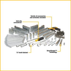 DEWALT Mechanic Tool Set, 247-Piece, 1/4 in., 3/8 in. and 1/2 in. Drive, SAE, Ratchets, Sockets, Hex Keys, Combination Wrenches, Polish Chrome Finish (DWMT81535)