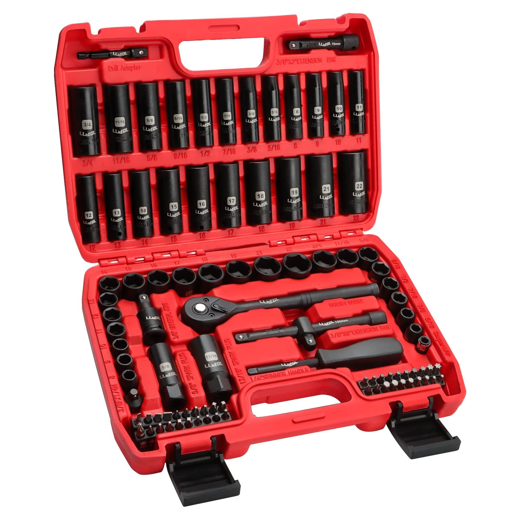 LLNEDL 3/8" Drive Impact Socket Set 95Pcs, Spark Plug Socket (5/8", 13/16"), 6 Point Metric & SAE from 5/16"- 3/4", 8-22mm, CR-V Deep & Shallow Kit with Quick Release Ratchet (72-Tooth) for Home & DIY