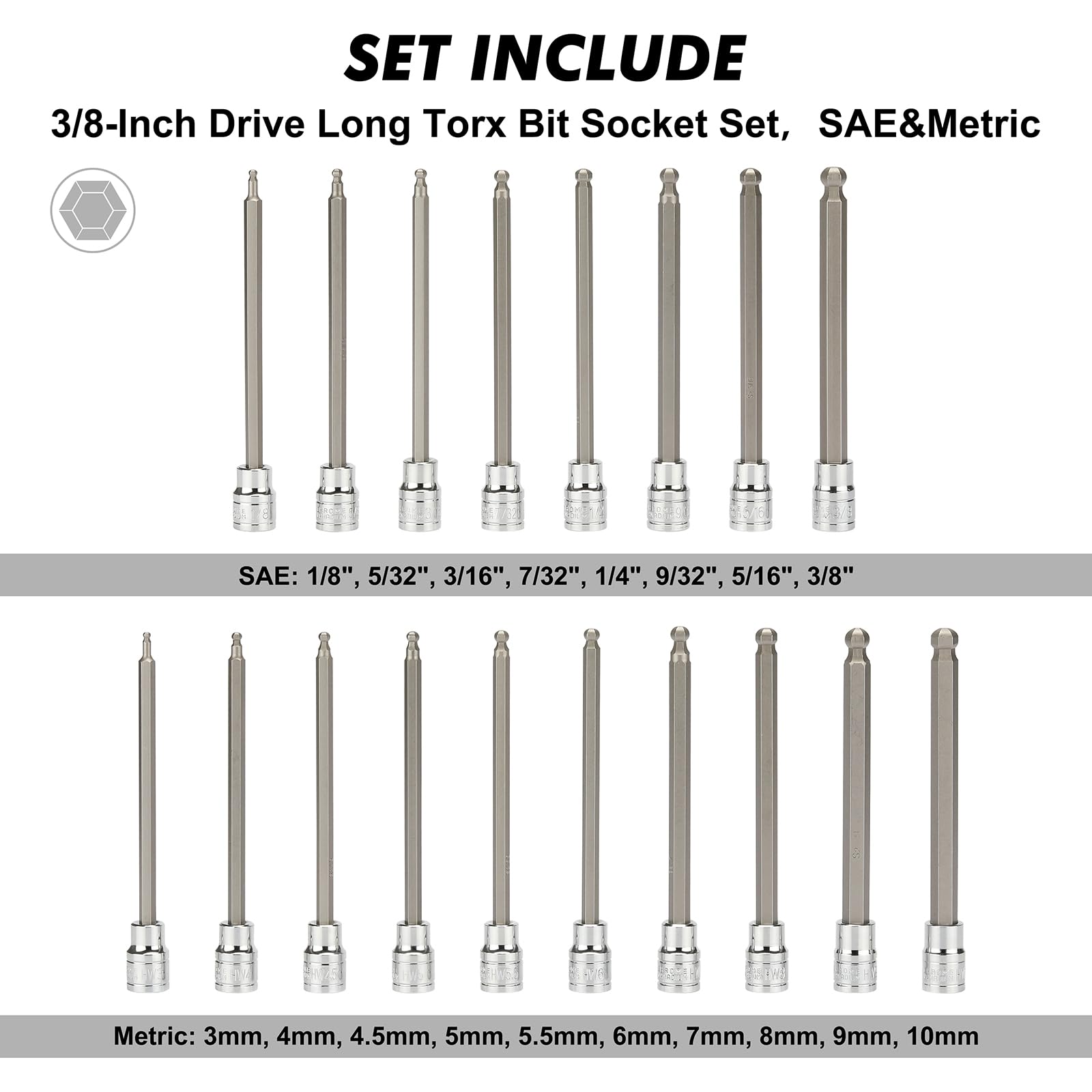 CASOMAN 3/8"Drive Extra Long Ball-End Hex Bit Socket Set, 18 Piece Allen Socket Set, Metric & SAE, 3mm to 10mm, 1/8" to 3/8", CR-V and S2 Steel