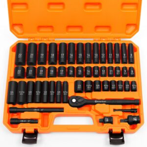 amartisan 3/8" drive impact socket set, 6 point, 50-piece standard metric (8-22mm) and sae (5/16-inch to 3/4-inch) cr-v steel sockets with adapters & ratchet handle