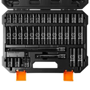 boen 1/2" drive impact socket set, 33 piece deep & shallow metric socket set 8mm to 22mm, includes 5", 10" extension bars, universal joint, 6 point design, cr-v steel, meets ansi standards