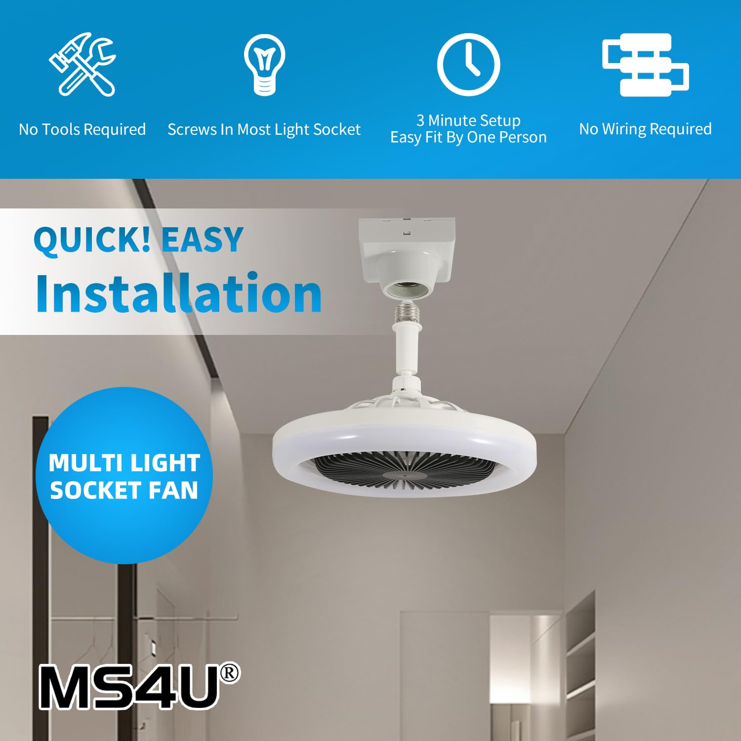 MS4U 10" Multi-Directional Light Socket Fan with Remote, Screw in Ceiling Fan in Light Socket for Enhanced and Adjustable Comfort