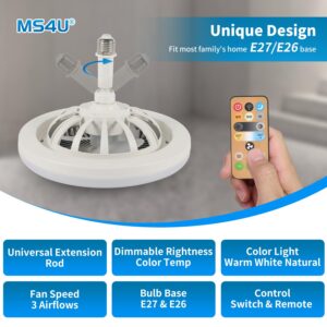 MS4U 10" Multi-Directional Light Socket Fan with Remote, Screw in Ceiling Fan in Light Socket for Enhanced and Adjustable Comfort