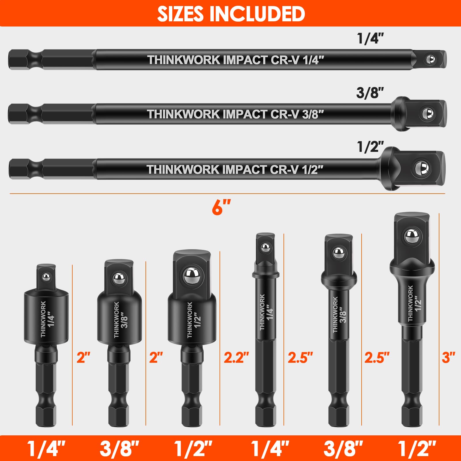 THINKWORK Impact Socket Adapter Set, 1/4" 3/8" 1/2" Drill Socket Adapter, 1/4" Hex Shank Impact Driver Socket Adapter for Cordless Drill, Impact Driver, Power Drill, Impact Drill, 9-Piece